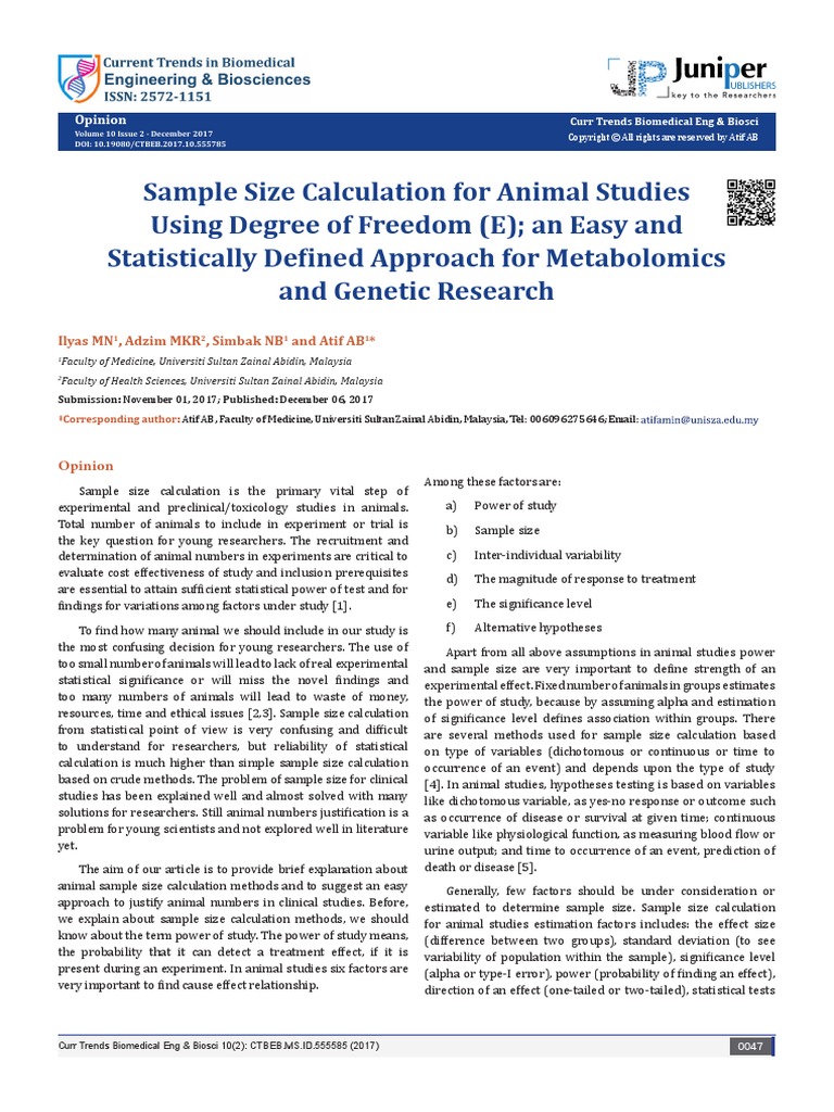 Sample Size Calculation For Animal Studies | PDF | Statistics | Sample ...