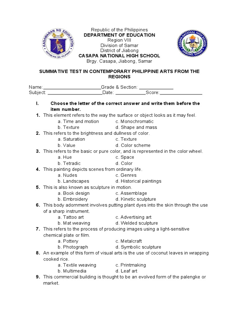 1Q Summative Test | PDF | Paintings | Color