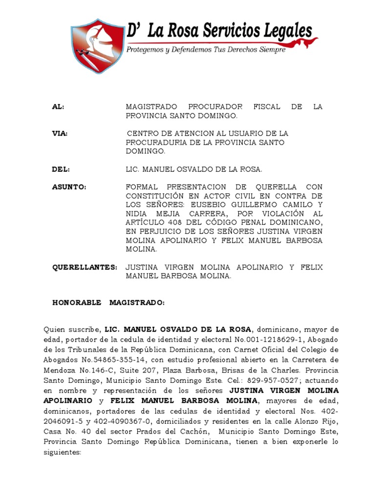 QUERELLA POR ABUSO DE CONFIANZA - Felix Barbosa | PDF | Victimologia | Queja