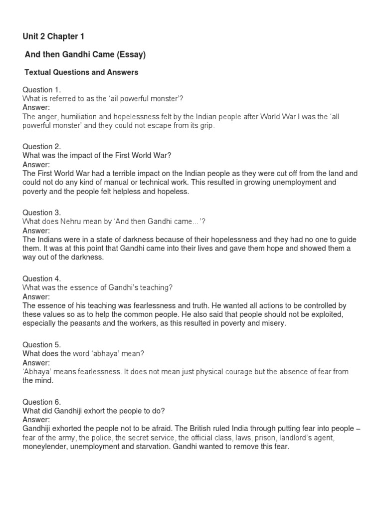 Unit 2 Chapter 1 and Then Gandhi Came (Essay) : Textual Questions and ...