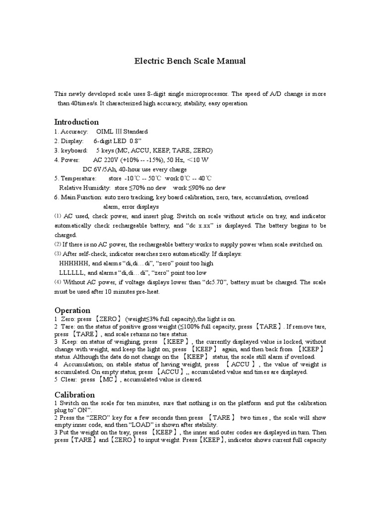 Electric Bench Scale Manual | PDF | Rechargeable Battery | Alternating ...