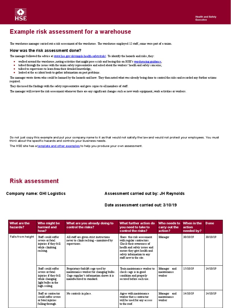 Example Risk Assessment For A Warehouse | PDF | Forklift | Risk