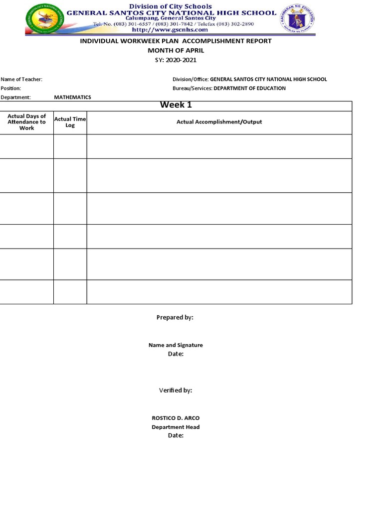 Individual Workweek Plan Accomplishment Report for April 2020-2021 | PDF