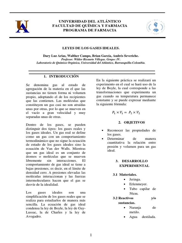 Ley de Los Gases Ideales Informe de Laboratorio | PDF | Gases | Ciencias fisicas