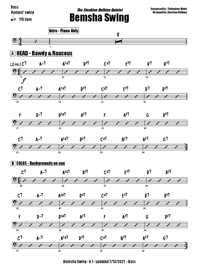 Bemsha Swing - Quintet - V.1 - BASS | PDF