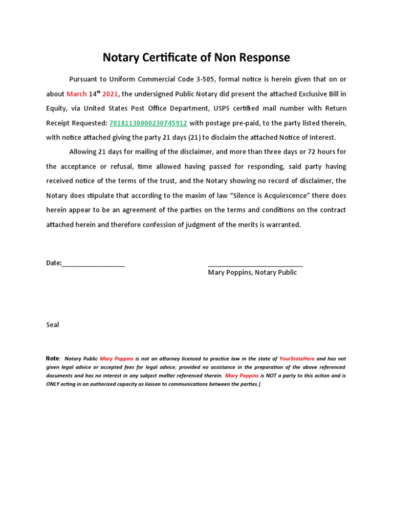 Notary Certificate of Non Response: March 2021 | PDF | Notary Public ...