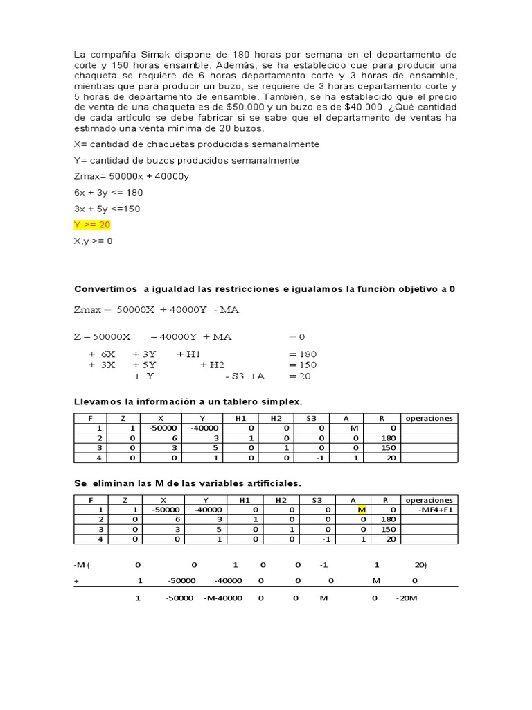 Ejercicio de Maximizacion Metodo Simplex Variables Artificiales | PDF | Matemáticas Aplicadas ...
