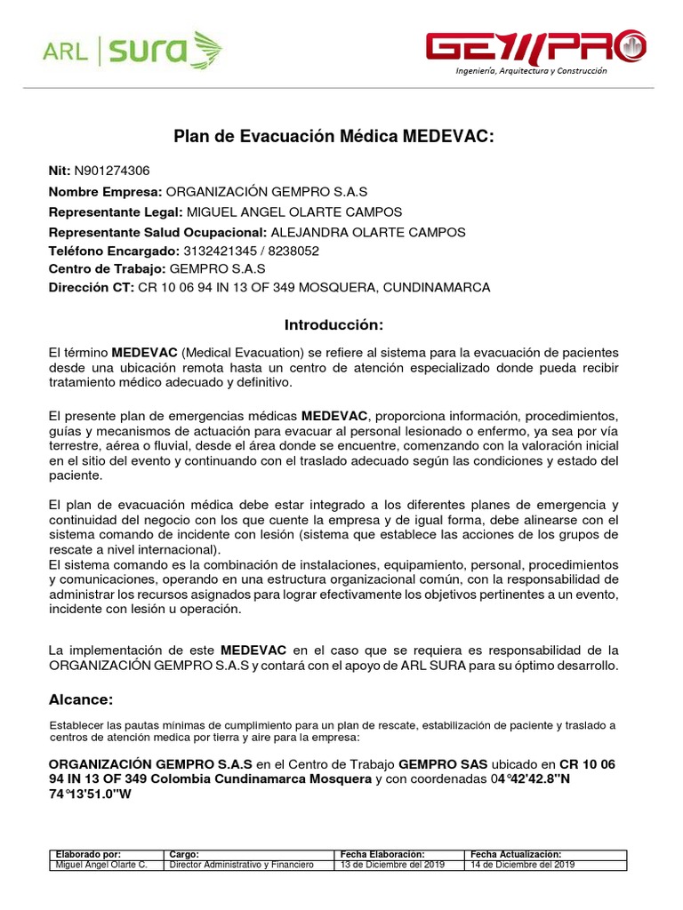 Plan de Evacuación Médica MEDEVAC GEMPRO | PDF | Lesión | Especialidades Medicas