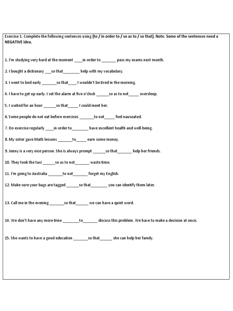 So That and In Order To Exercises | PDF