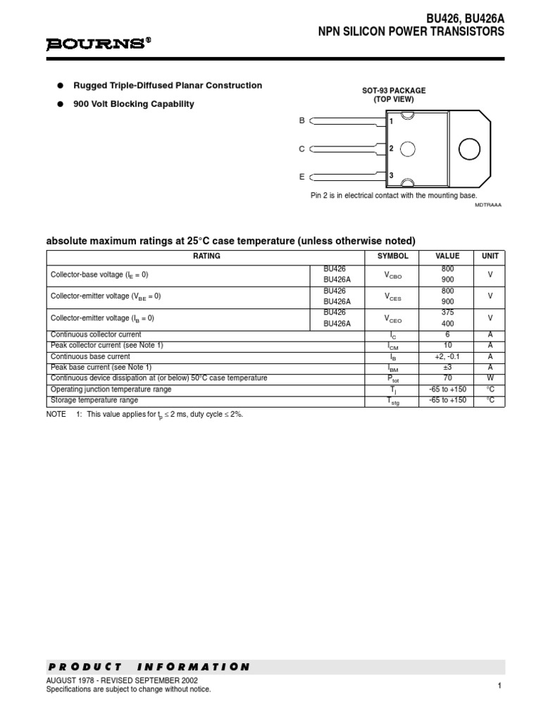 BU426, BU426A NPN Silicon Power Transistors: Rugged Triple-Diffused Planar Construction 900 Volt ...