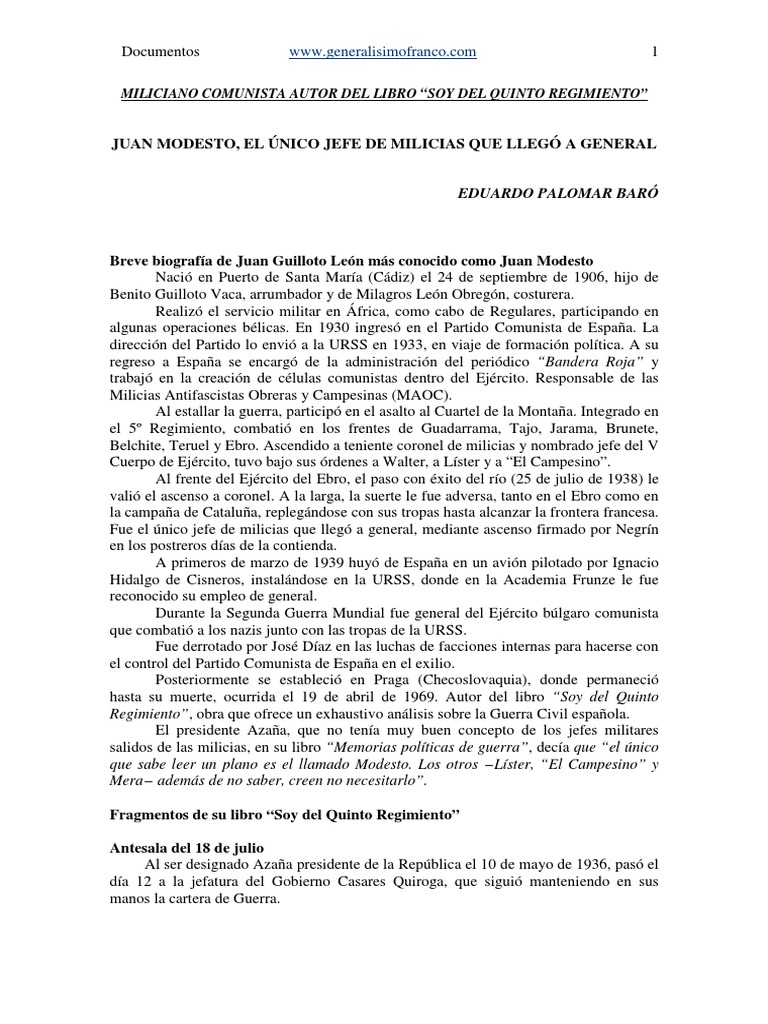 Juan Modesto, El Único Jefe de Milicias Que Llegó A General | PDF ...