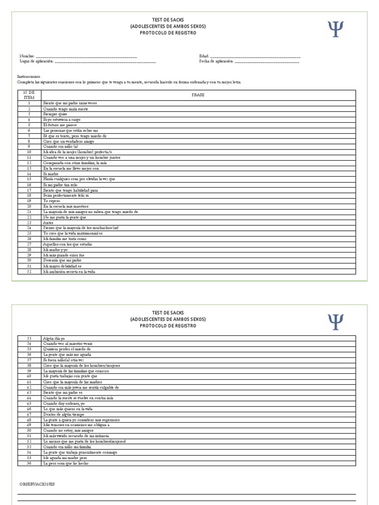 Test de Sacks para Adolescentes: Protocolo y Evaluación | PDF