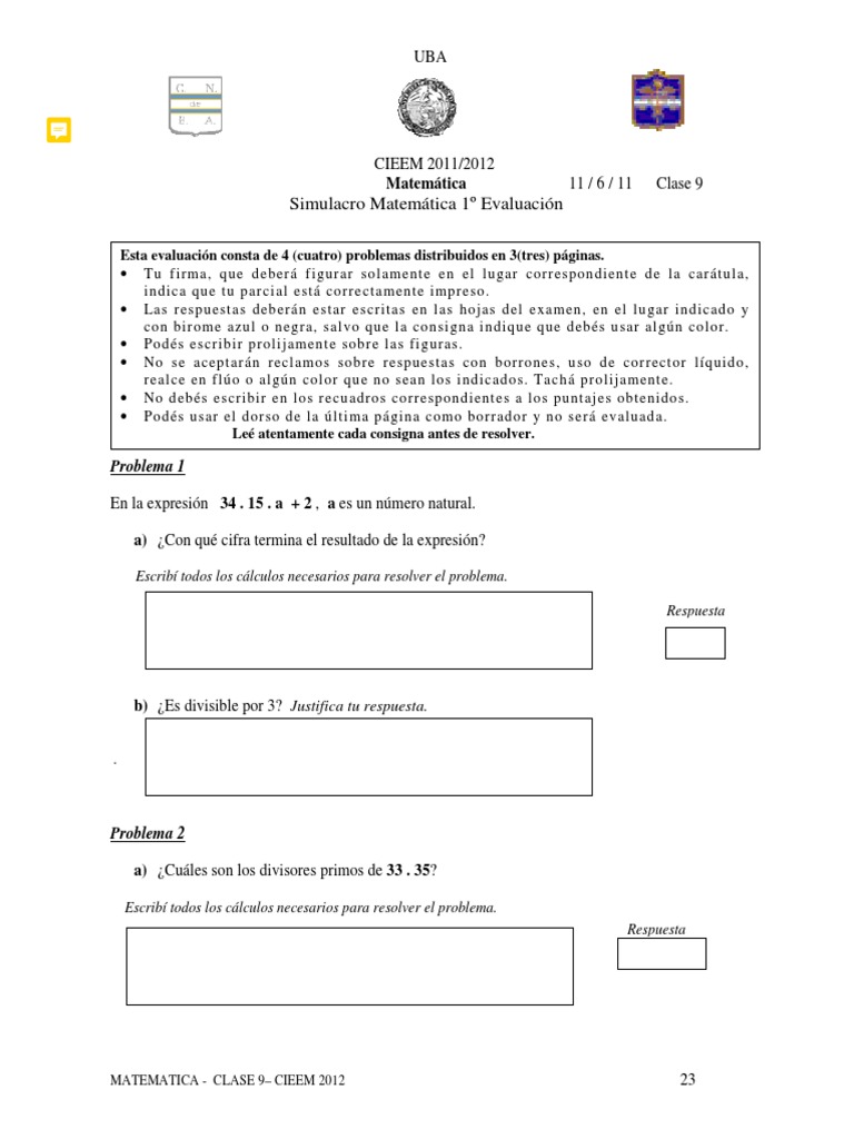 Simulacro Matemática 1º Evaluación: Esta Evaluación Consta de 4 (Cuatro) Problemas Distribuidos ...