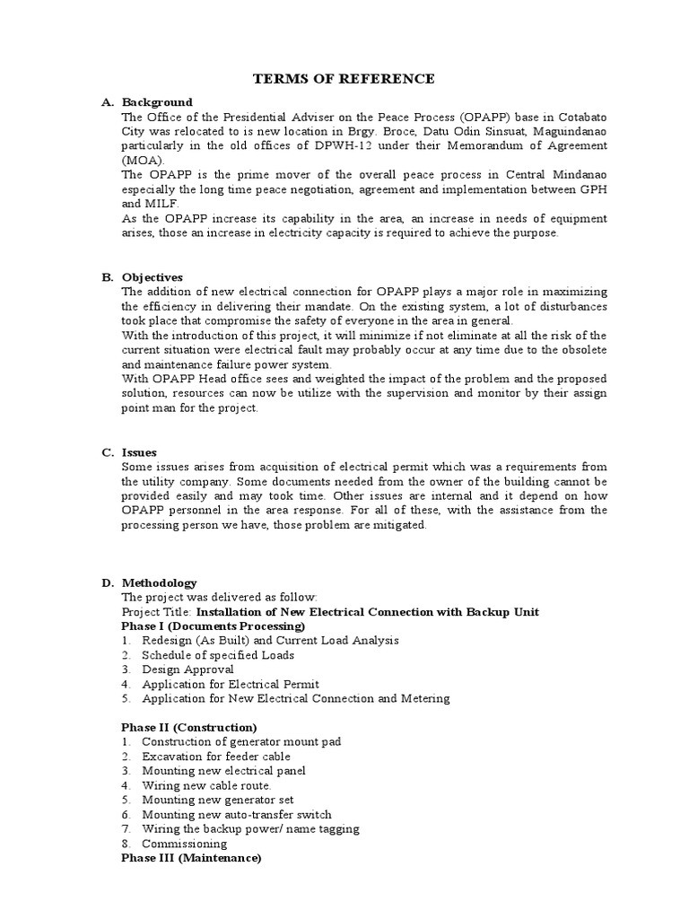 Terms of Reference: A. Background | PDF | Electrician | Electrical Wiring