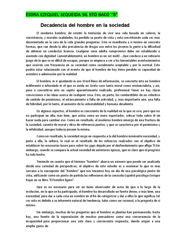 Ensayo Decadencia Del Hombre y La Sociedad Etica 5to Baco B | PDF ...