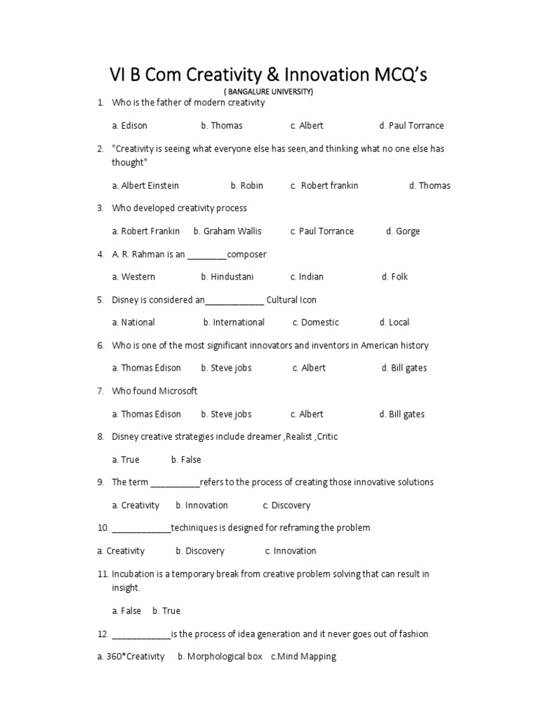 Creativity & Innovation MCQs Guide | PDF | Creativity | Brainstorming
