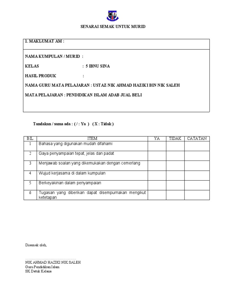 Instrumen Rubrik KMR 5 Is Senarai Semak Untuk Murid | PDF