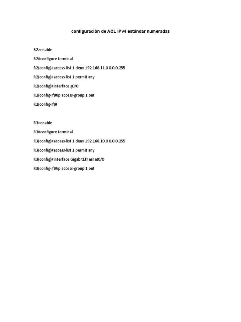 Configuración de ACL IPv4 Estándar Numeradas | PDF