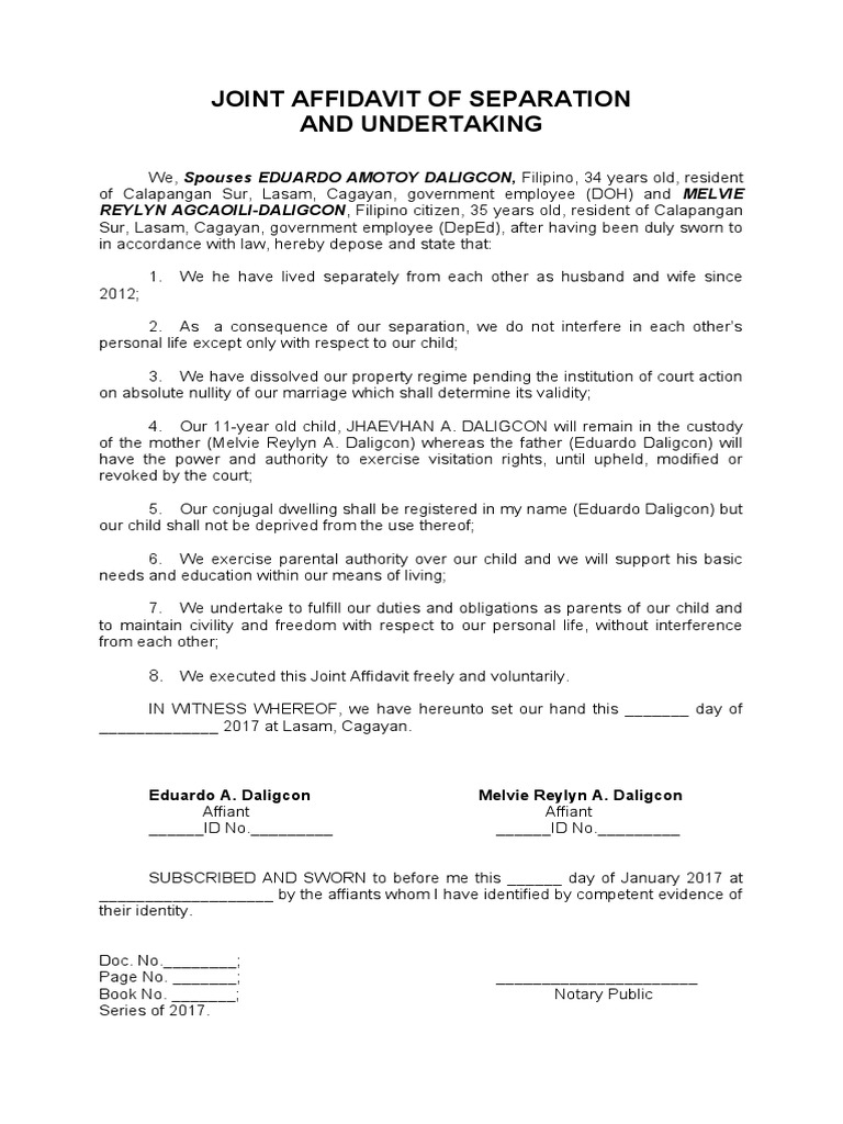 Joint Affidavit Separation Custody Agreement | PDF
