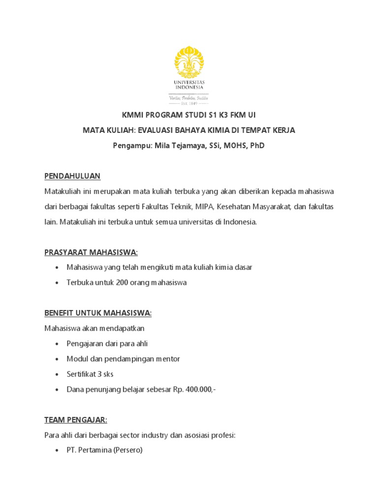 Kmmi Program Studi S1 K3 FKM Ui Mata Kuliah: Evaluasi Bahaya Kimia Di ...