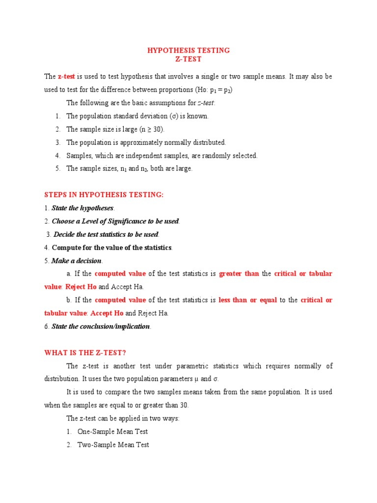 Hypothesis Testing Z-Test Z-Test: State The Hypotheses | PDF ...