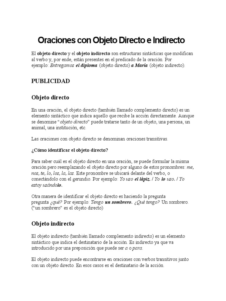 Objeto Directo e Indirecto | PDF | Objeto (gramática) | Oración ...