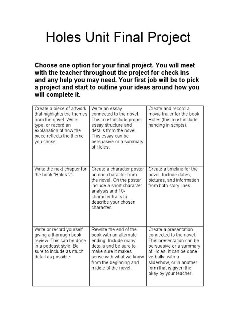 Holes Final Project Choice Board | PDF | Foreign Language Studies