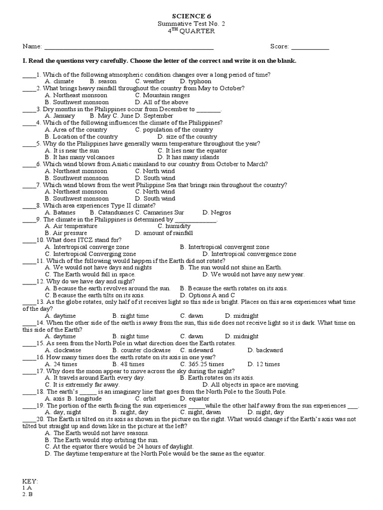 Understanding Earth's Rotation and Revolution: A Summative Science Test ...