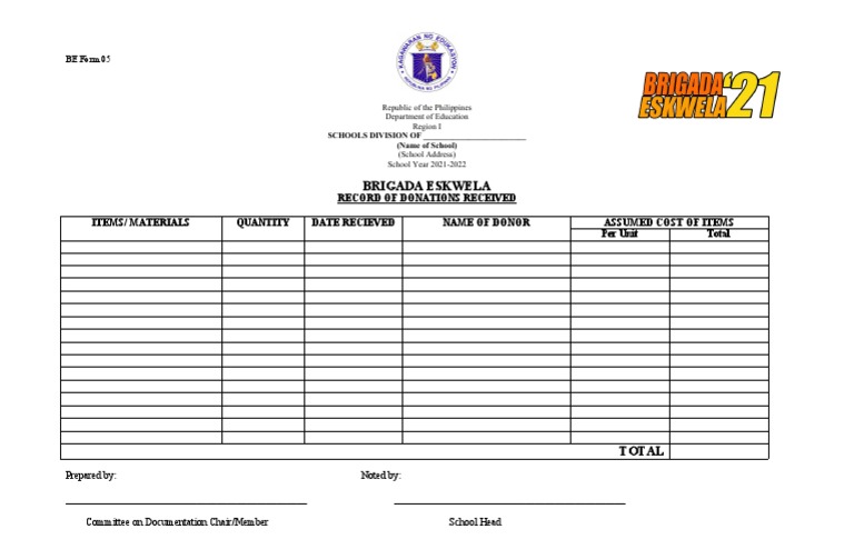 BE Form 5-RECORD OF DONATIONS RECEIVED | PDF