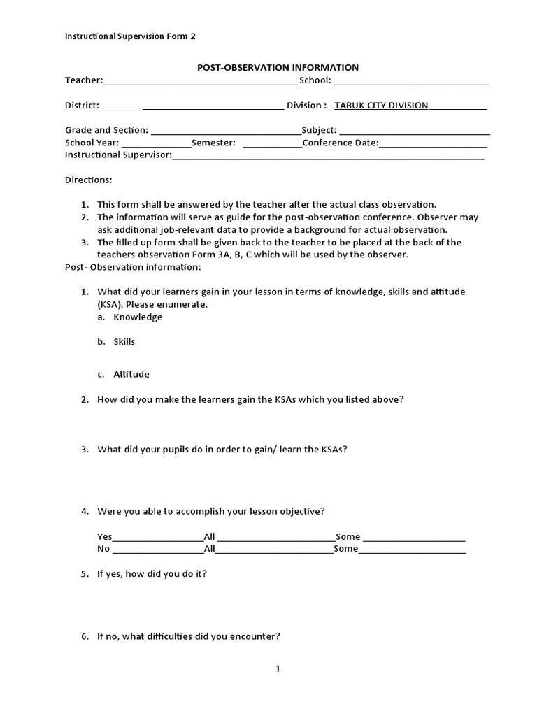 Post-Observation Information: Instructional Supervision Form 2 | PDF | Learning | Pedagogy