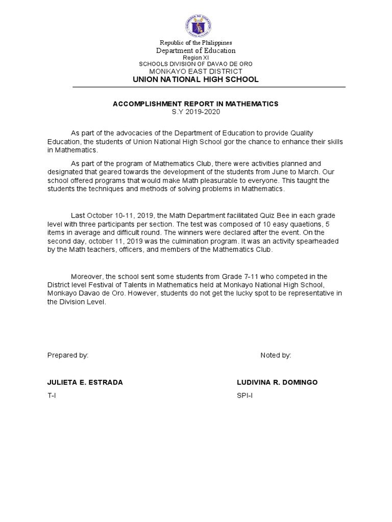 Math Accomplishment Report 2019-2020 | PDF | Mathematics | Learning