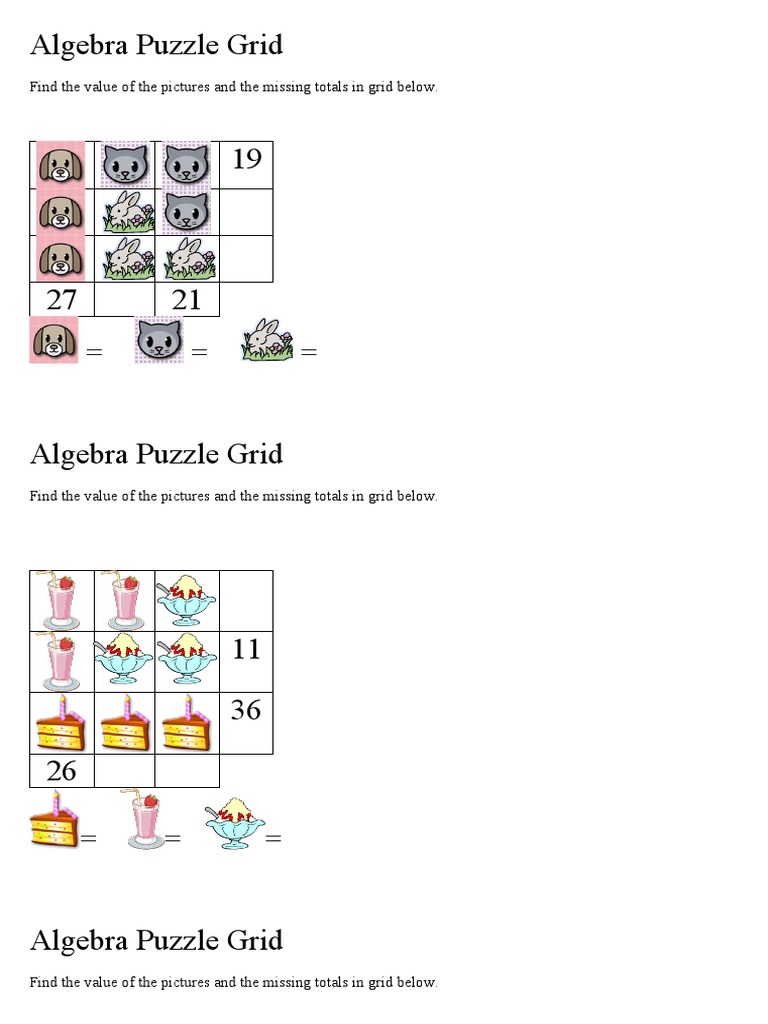 Algebra Puzzle Grid: Find The Value of The Pictures and The Missing ...