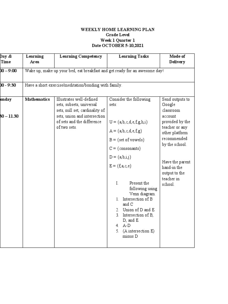 Weekly Home Learning Plan Sample Template | PDF | Inclusion (Education ...