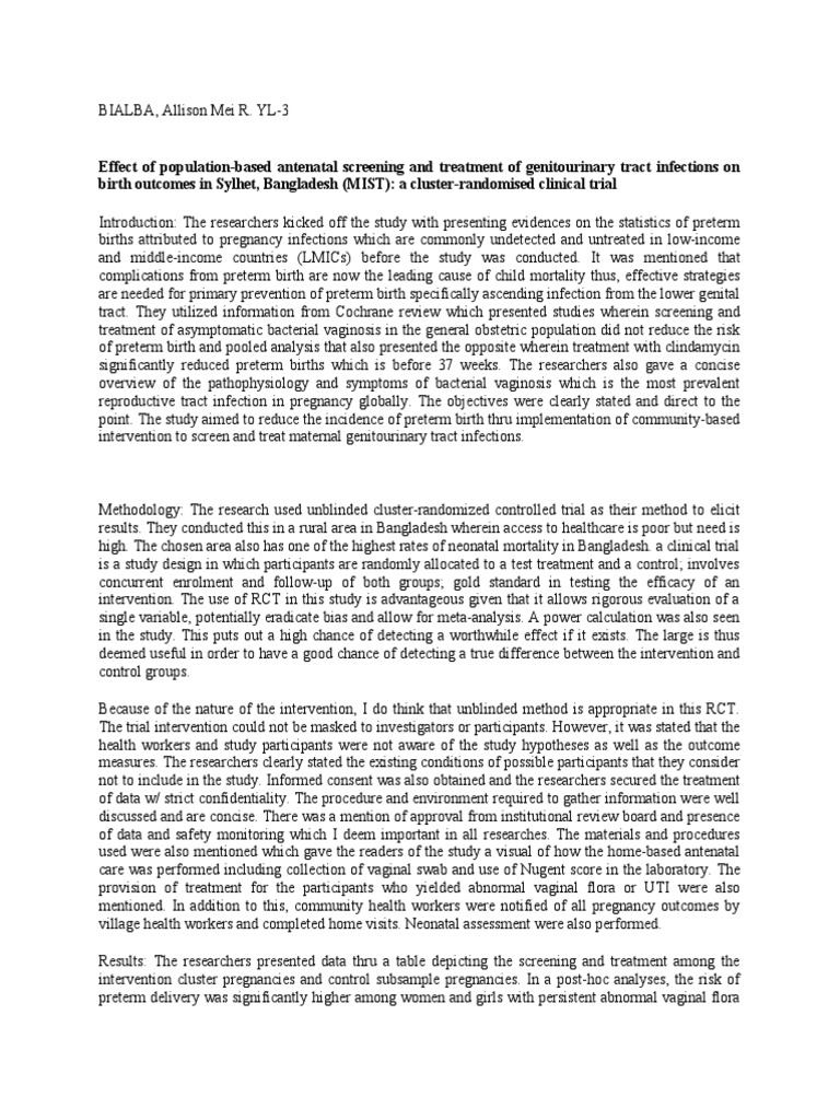 OB Journal Appraisal | PDF | Preterm Birth | Infection