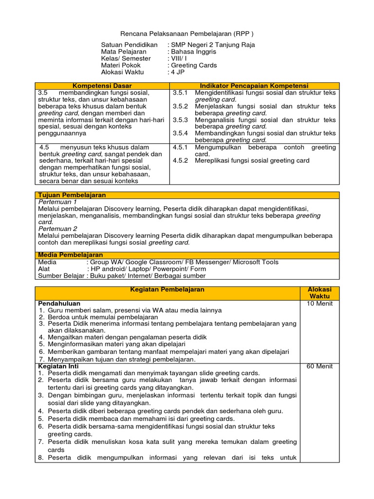 Kompetensi Dasar Indikator Pencapaian Kompetensi: Greeting Card | PDF ...
