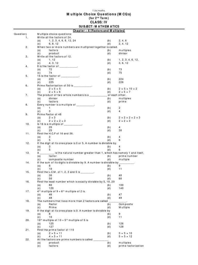 Multiple Choice Questions (MCQS) Class: Iv: Subject: Mathematics | PDF ...