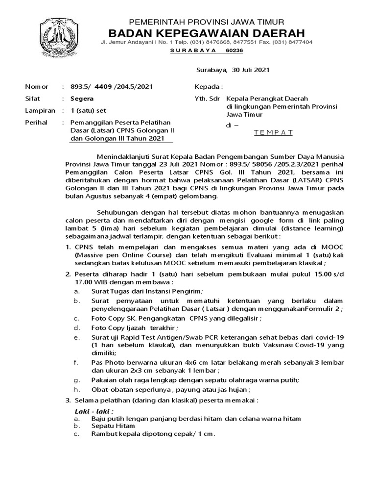 Surat Pemanggilan Peserta Latsar | PDF