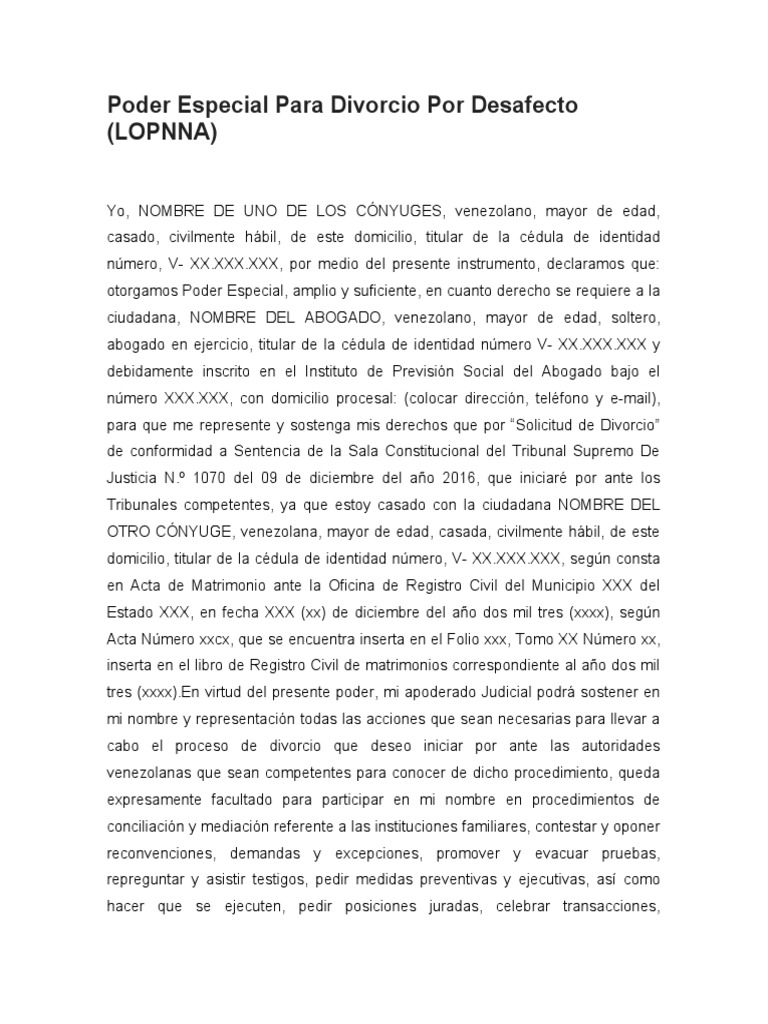 Poder Especial para Divorcio Por Desafecto LOPNNA | PDF | Divorcio | Ciencias sociales