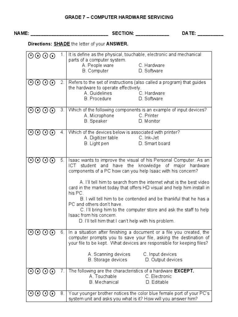 Grade 7 - Computer Hardware Servicing: A B C D | PDF | Computer ...