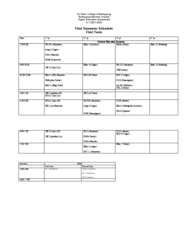 First Semester Schedule First Term | PDF