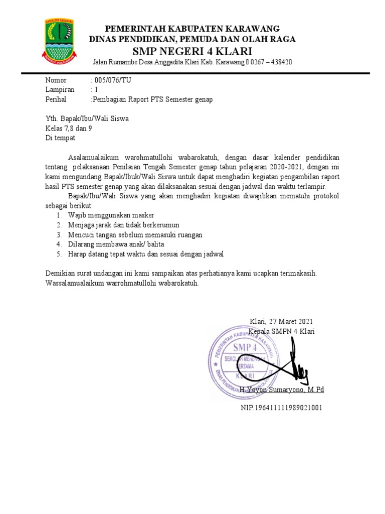 Undangan Pengambilan Raport PTS SMPN 4 | PDF