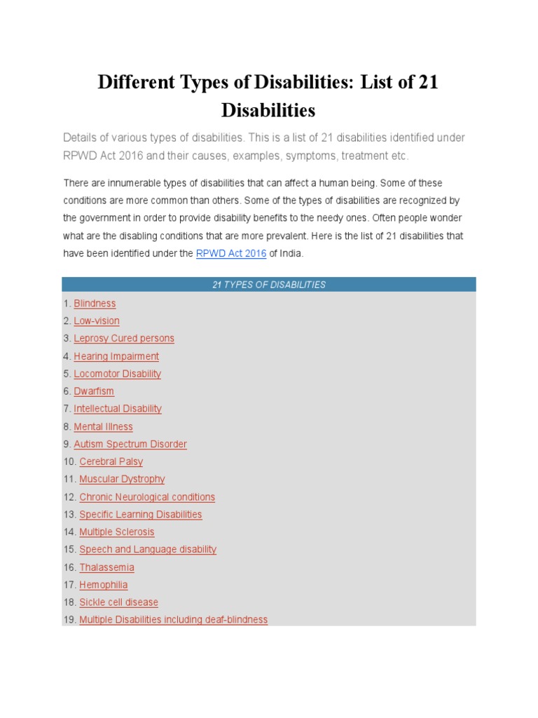 Different Types of Disabilities: List of 21 Disabilities | PDF | Visual ...