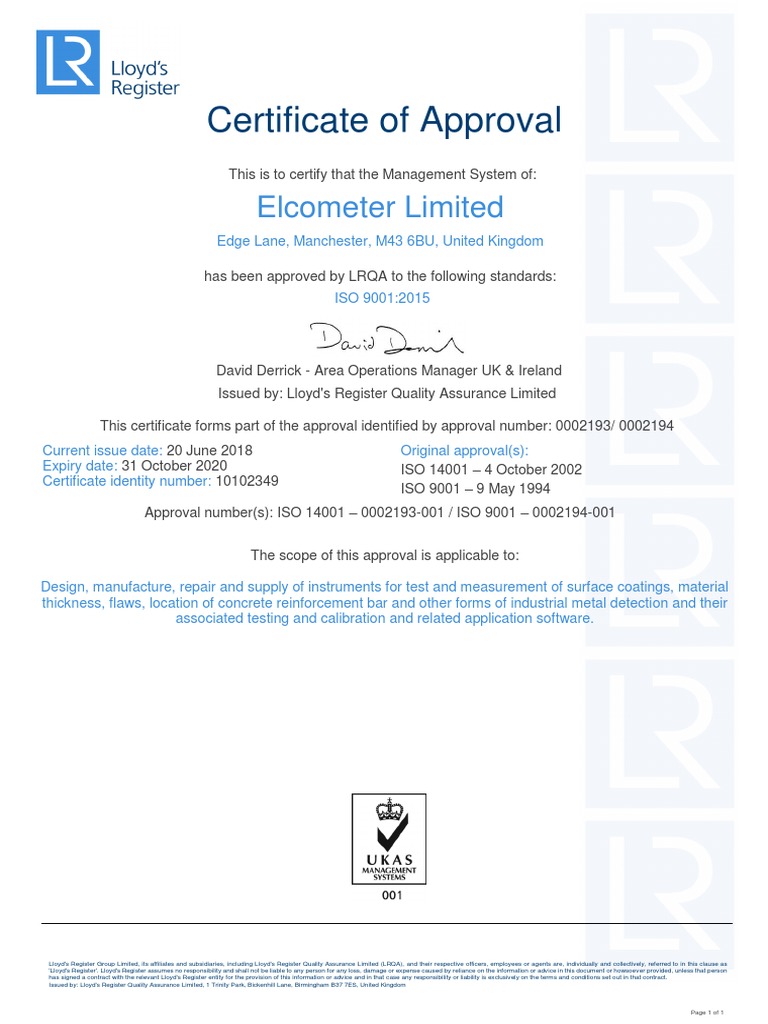 Elcometer 9001 ISO Certificate 2017 | Download Free PDF | Iso 9000 ...
