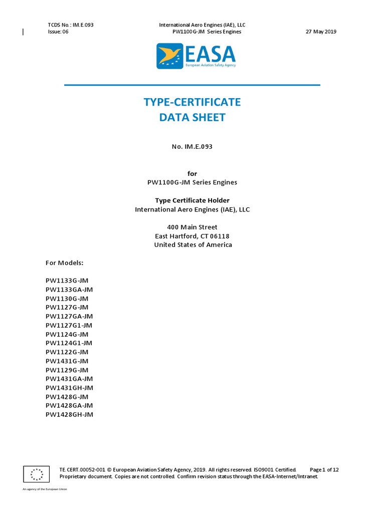 Type-Certificate Data Sheet: An Agency of The European Union | PDF ...