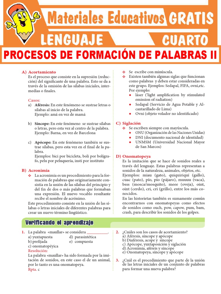 Procesos de Formacion de Palabras II para Cuarto Grado de Secundaria ...
