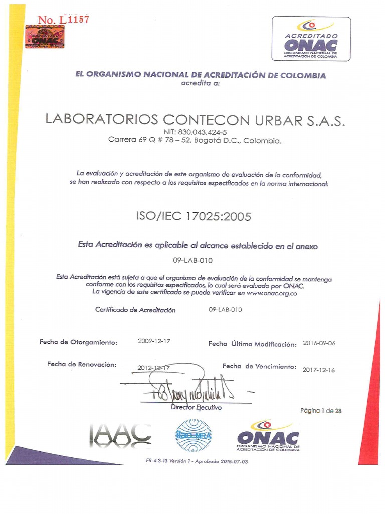 Ejemplo Certificado Acreditacion Onac | PDF