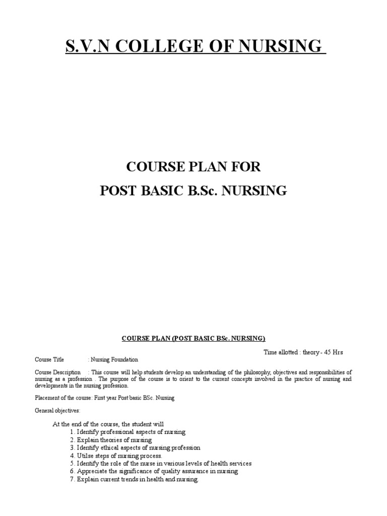 Course Plan Post Basic NSG 1ST Year | PDF | Metabolism | Childbirth