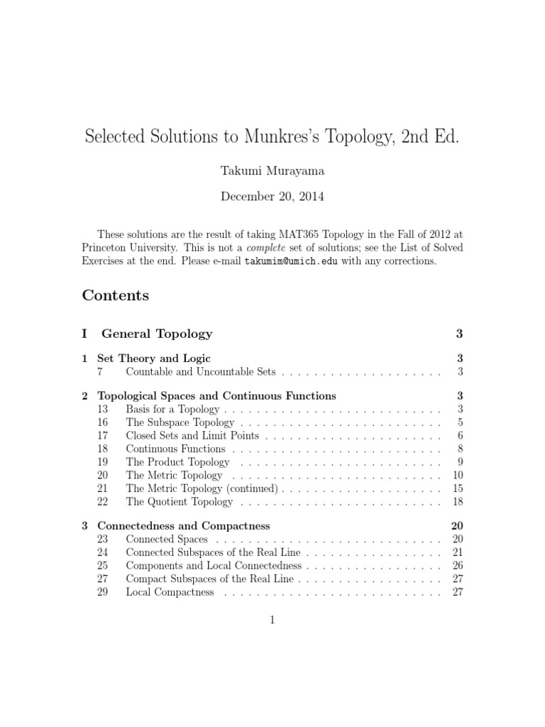 Selected Solutions To Munkres's Topology, 2nd Ed.: Takumi Murayama December 20, 2014 | PDF ...