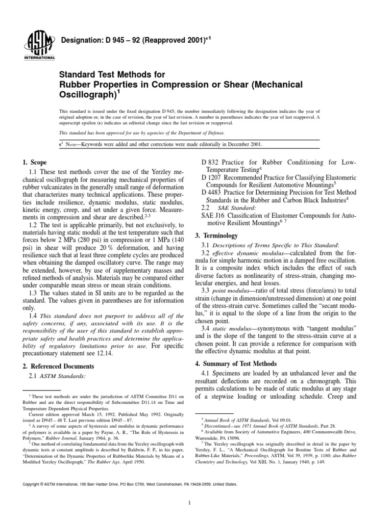 ASTM D945 - Rubber Shear Modulus | PDF | Young's Modulus | Deformation ...