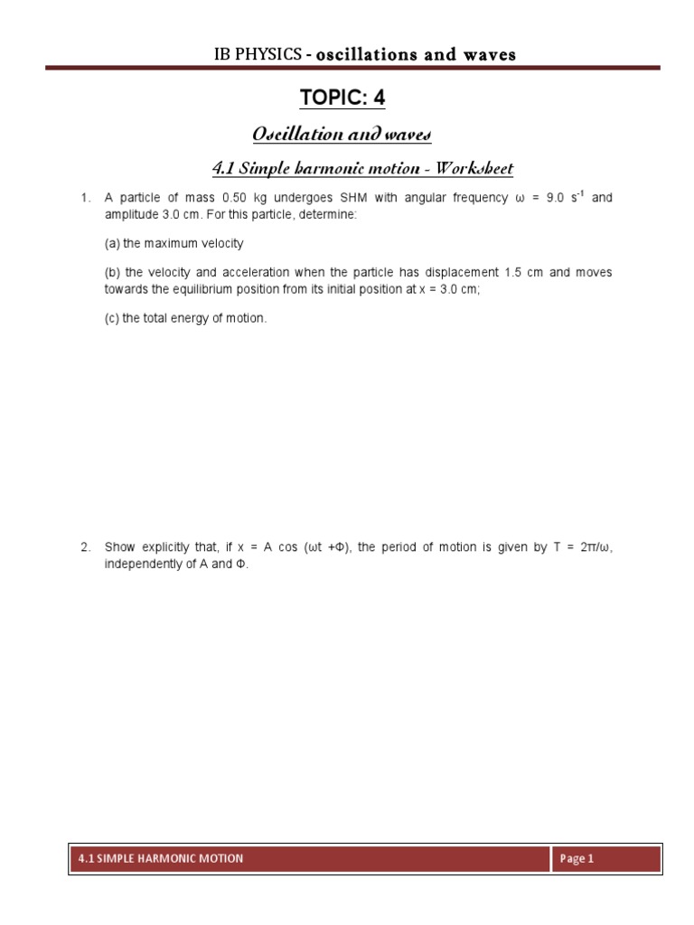 4.1 Simple Harmonic Motion - Worksheet | PDF | Oscillation | Waves